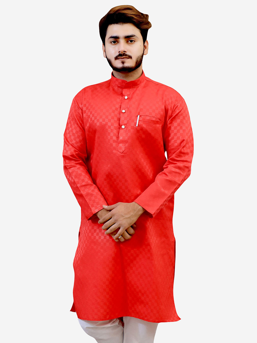 Buy Tibra Collection Men Red Mandarian Collar Dobby Kurta - Kurtas for ...
