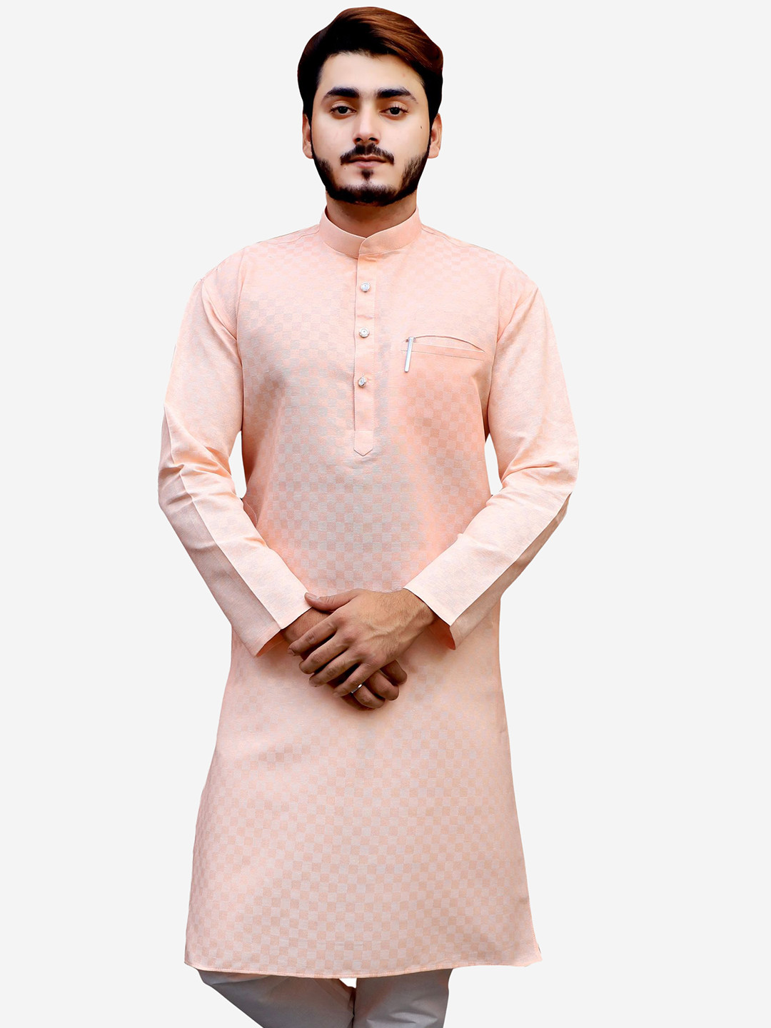 Buy Tibra Collection Men Peach Checked Full Sleeve Kurta - Kurtas for ...
