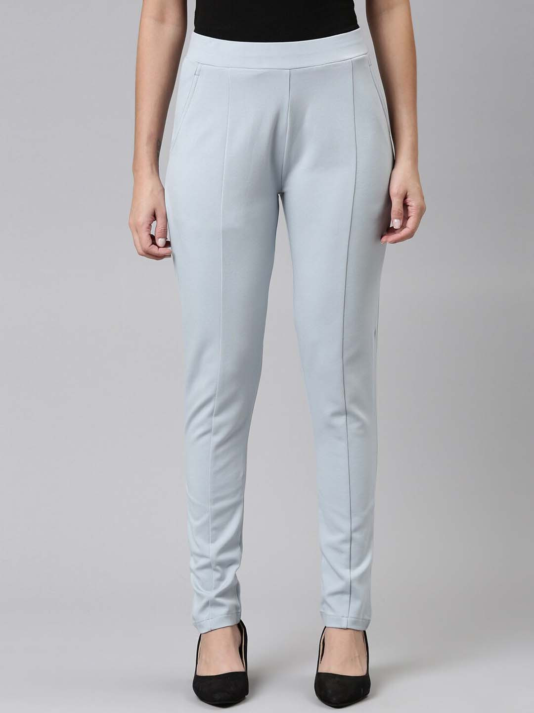 Buy Go Colors Women Blue Smart Slim Fit Stretch Trousers - Trousers for ...