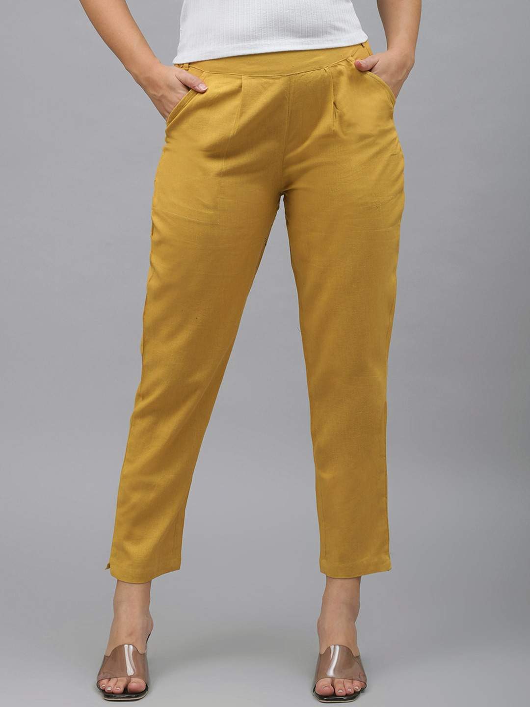 Buy Me Craft Women Beige Easy Wash Pleated Cotton Trousers - Trousers ...