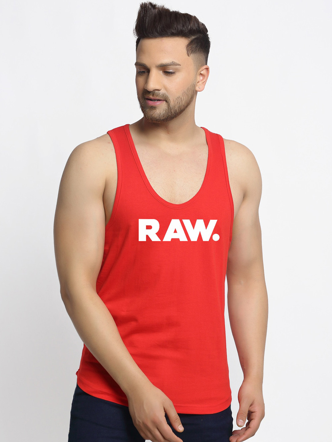 Buy Friskers Men Red & White Raw Printed Pure Cotton Gym Vest ...