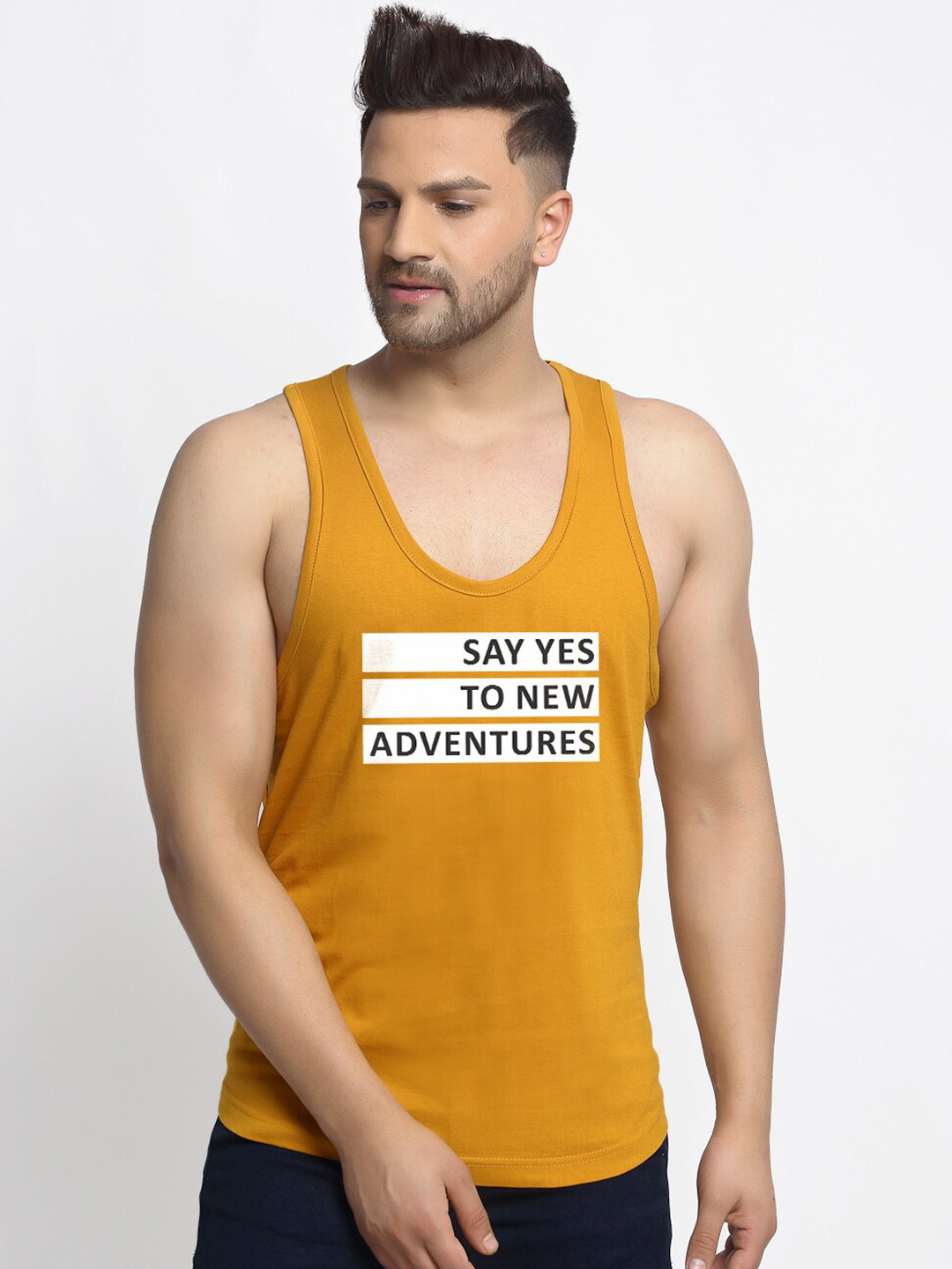 Buy Friskers Men Mustard Typographic Print Innerwear Cotton Vests ...