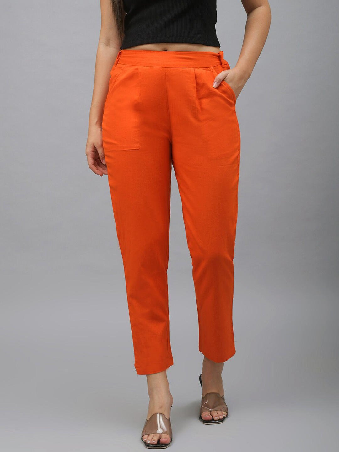 Buy Me Craft Women Orange Solid Easy Wash Pleated Casual Trousers ...