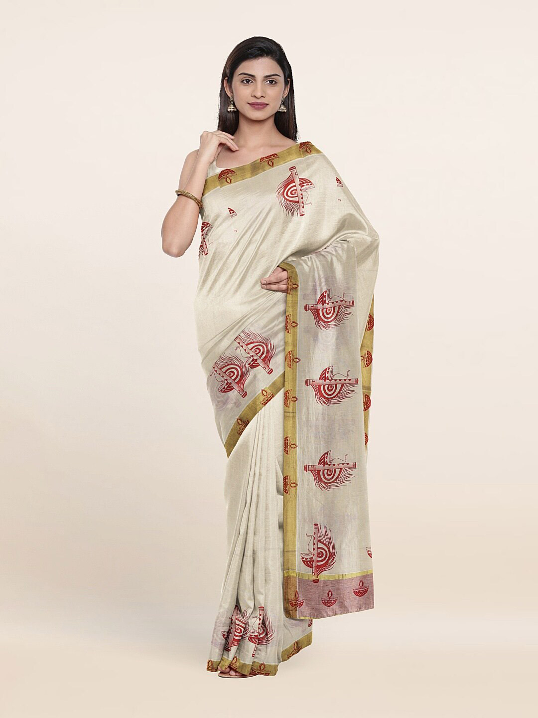 Buy Pothys Off White & Red Ethnic Motifs Pure Cotton Onam Saree ...