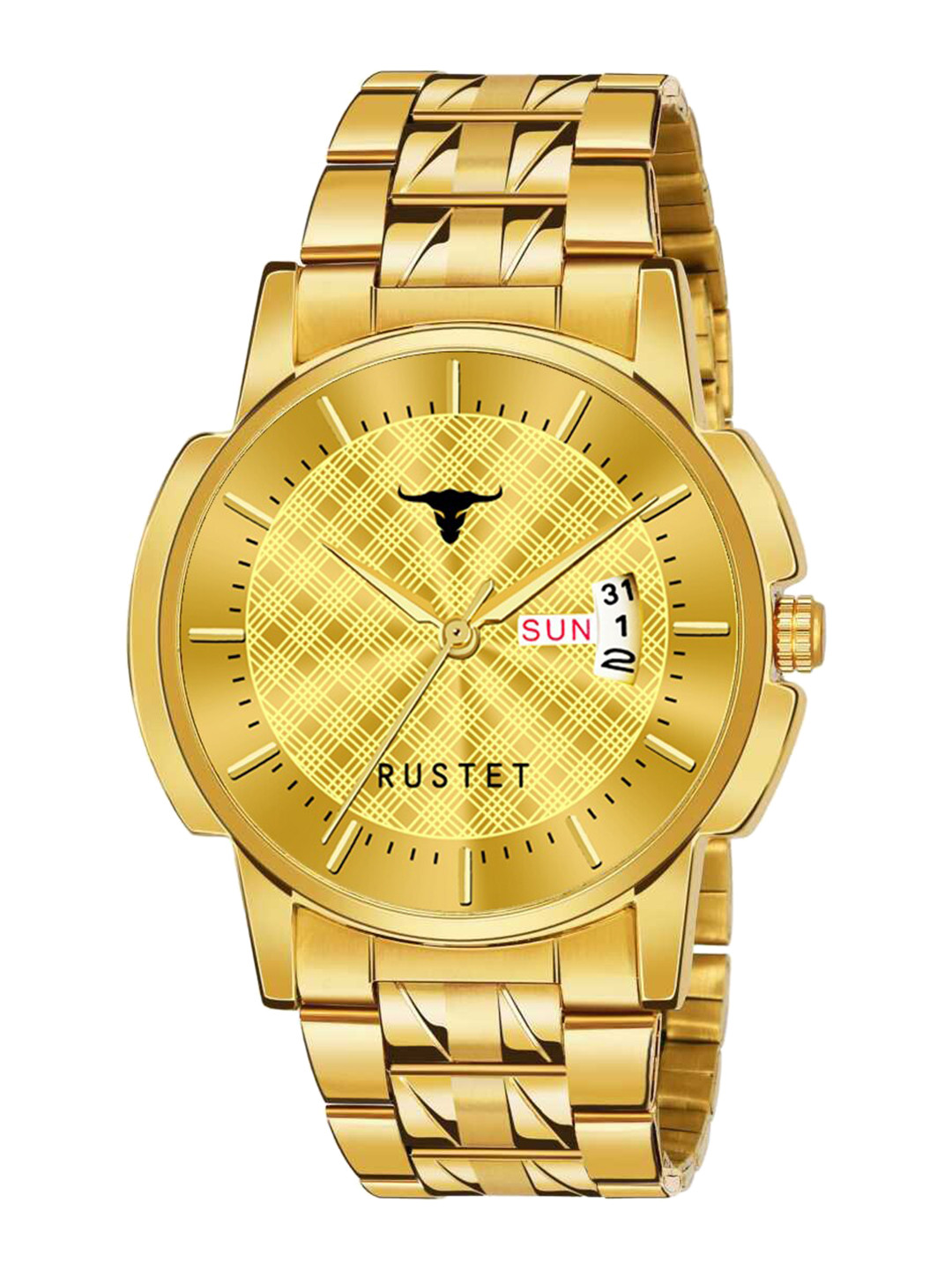 Buy RUSTET Men Gold Toned Brass Patterned Dial & Stainless Steel Straps ...