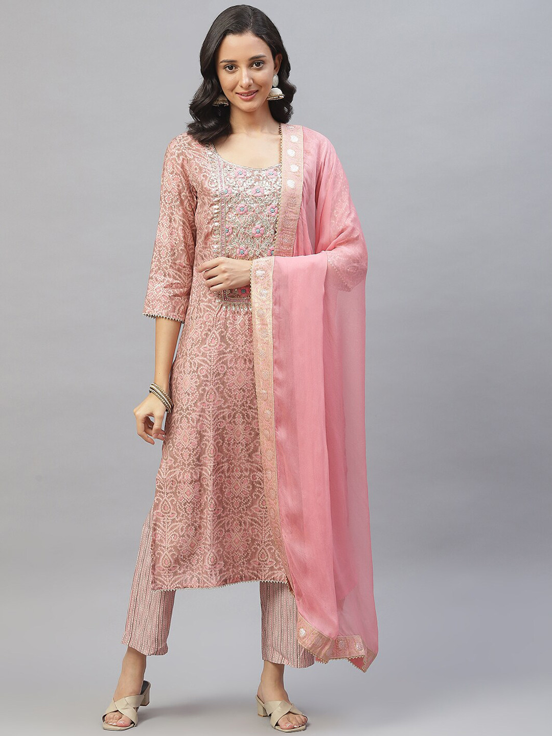 Buy Divena Women Pink Floral Printed Panelled Zardozi Kurta With ...