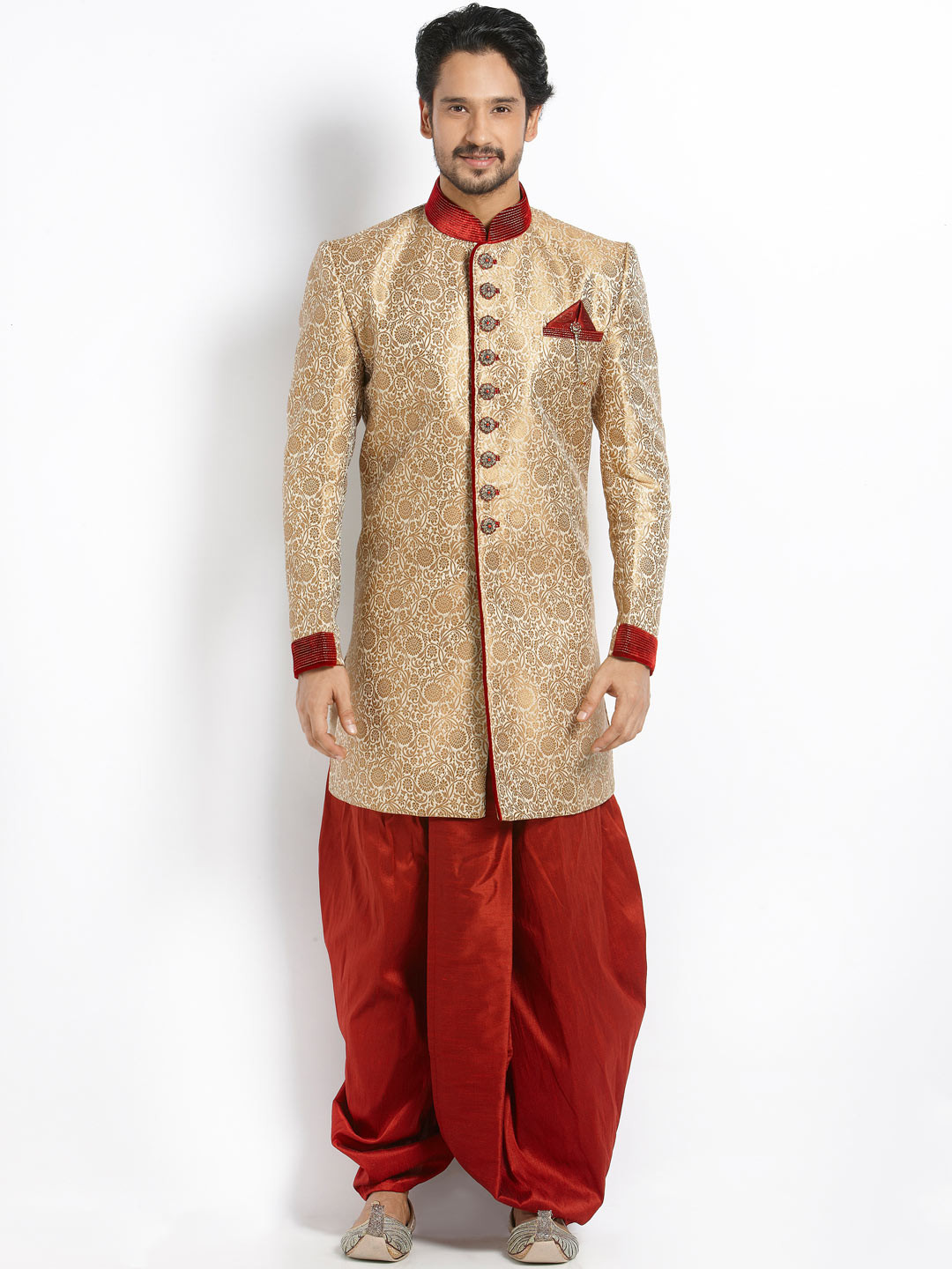 Buy Manyavar Beige & Gold Toned Silk Sherwani - Sherwani for Men ...