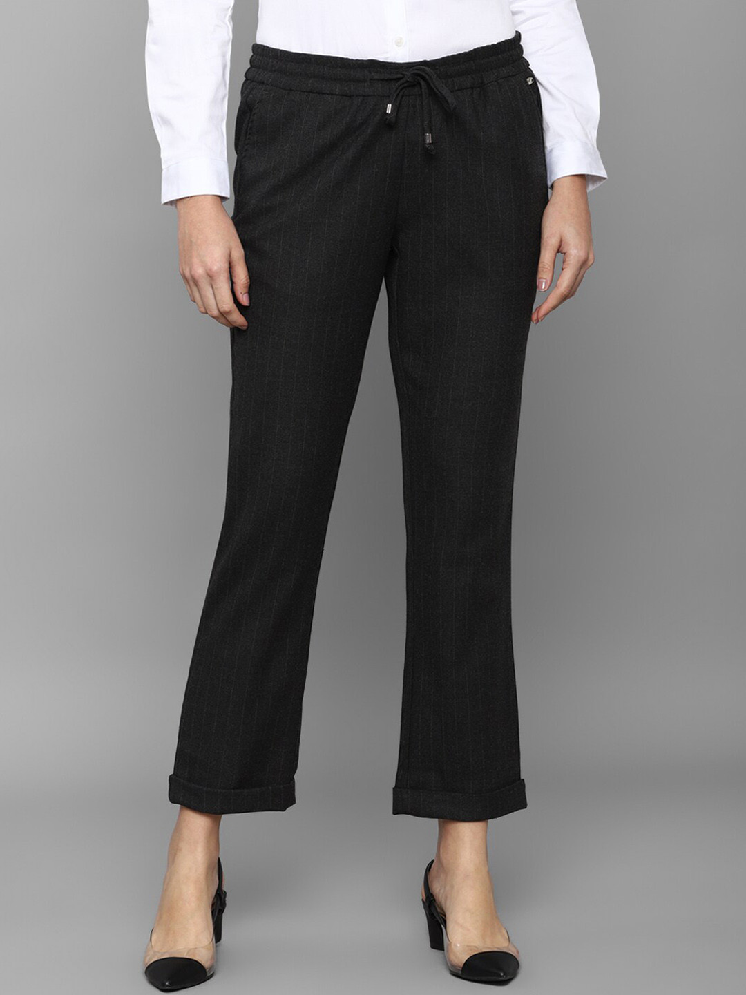 Buy Allen Solly Woman Women Black Striped Trousers - Trousers for Women ...