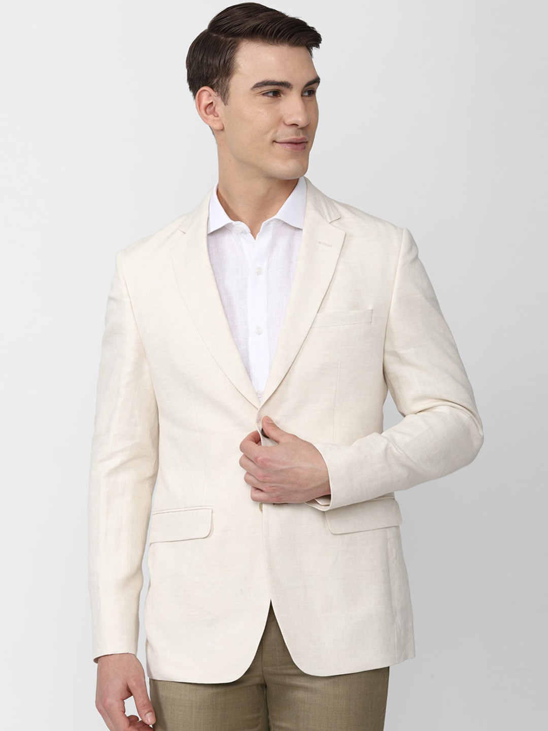 Buy Peter England Elite Men Cream Solid Pure Linen Single Breasted ...