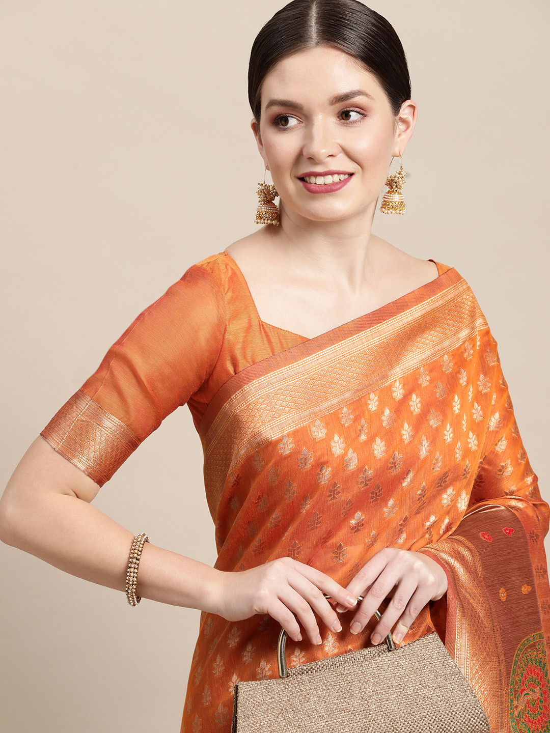 Buy Saree Mall Rust Orange & Gold Floral Zari Silk Cotton Celebrity ...
