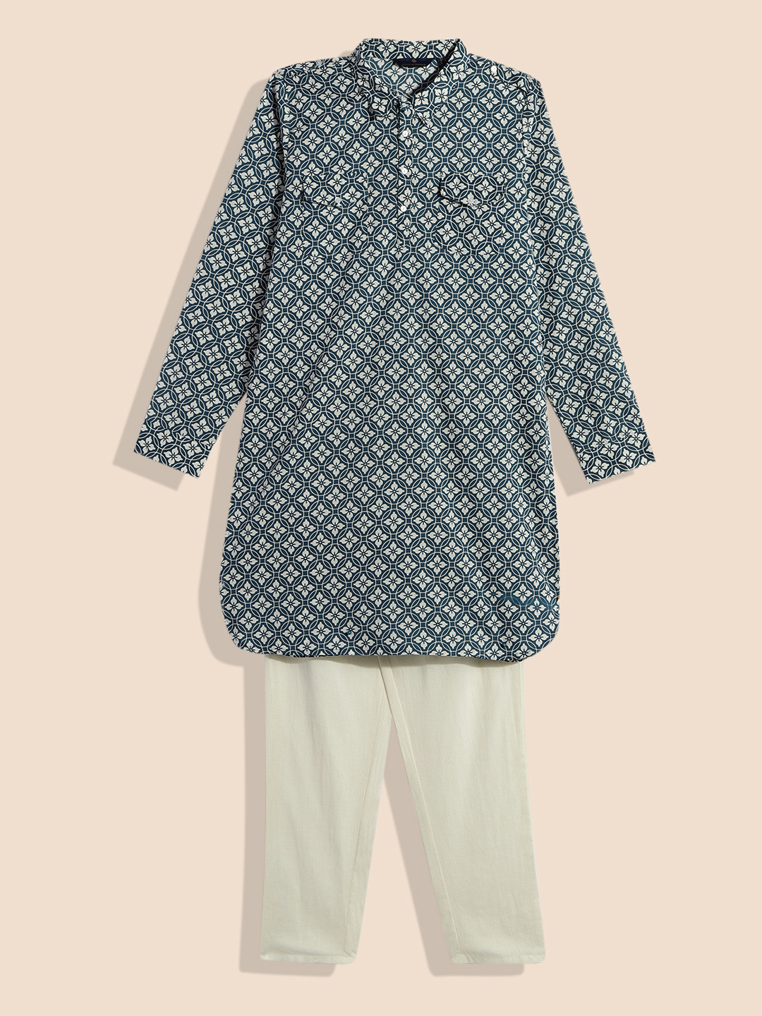 Buy House Of Pataudi Boys Blue Floral Printed Pure Cotton Kurta With ...