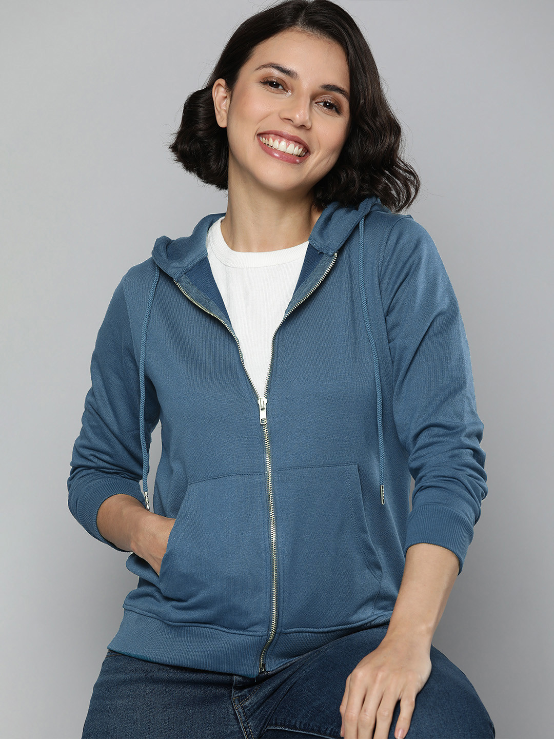 Buy Mast & Harbour Women Teal Blue Solid Front Open Hooded Sweatshirt ...