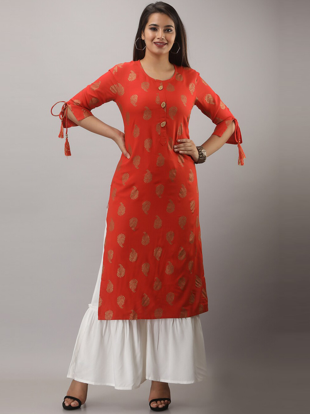 Buy MAUKA Women Rust Ethnic Motifs Embroidered High Slit Kurti With ...