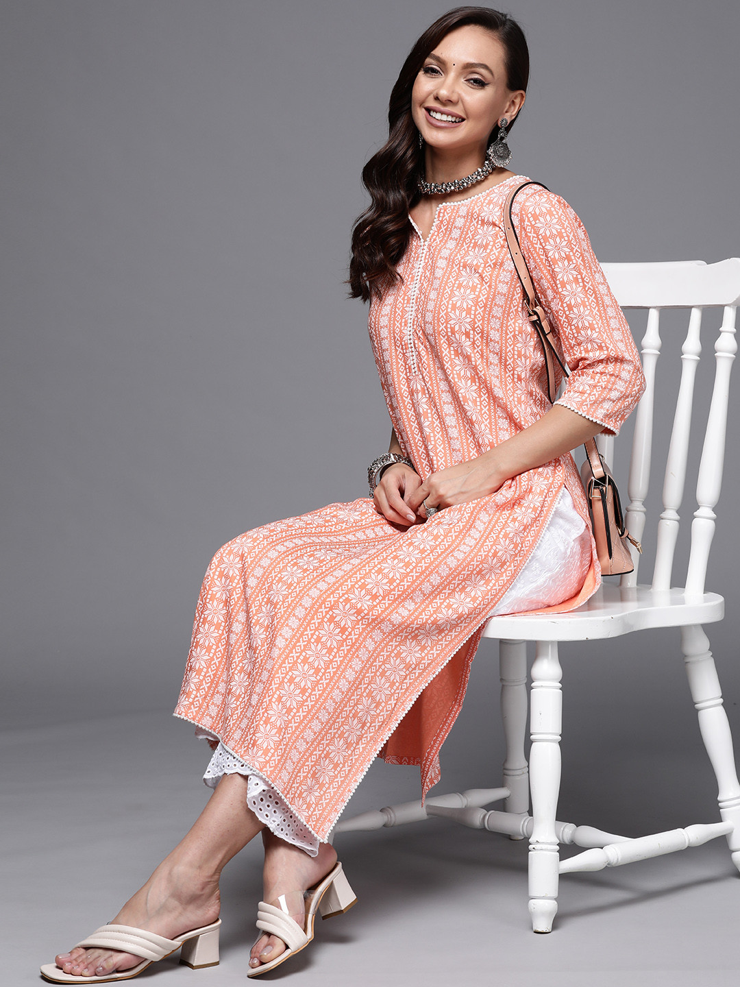 Buy Libas Women Peach Coloured & White Ethnic Motifs Printed Kurta ...