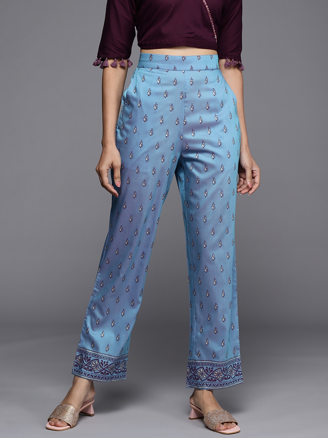 Buy Libas Women Blue And Gold Toned Ethnic Motifs Printed Ethnic Palazzos