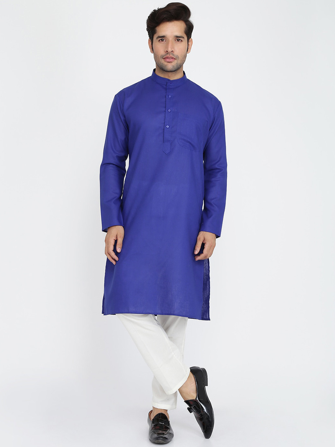 Buy ROYAL KURTA Men Blue Angrakha Pure Cotton Kurta With Pyjamas ...