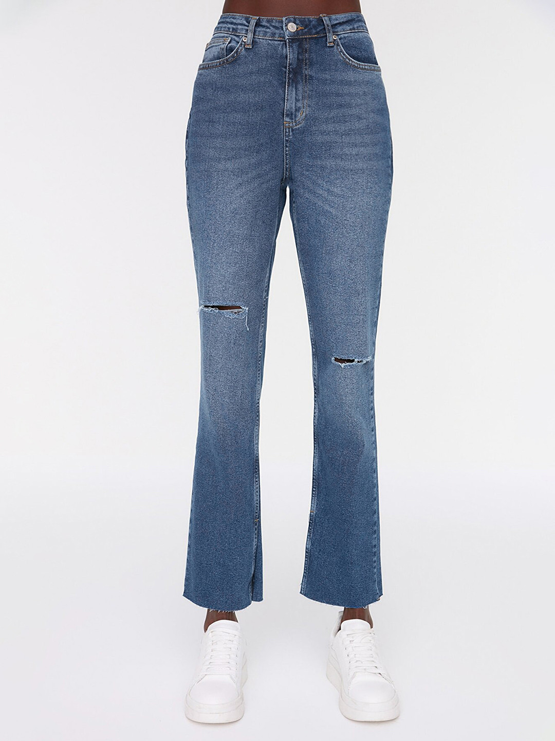 Buy Trendyol Women Blue Slash Knee Jeans With Side Slits - Jeans for ...