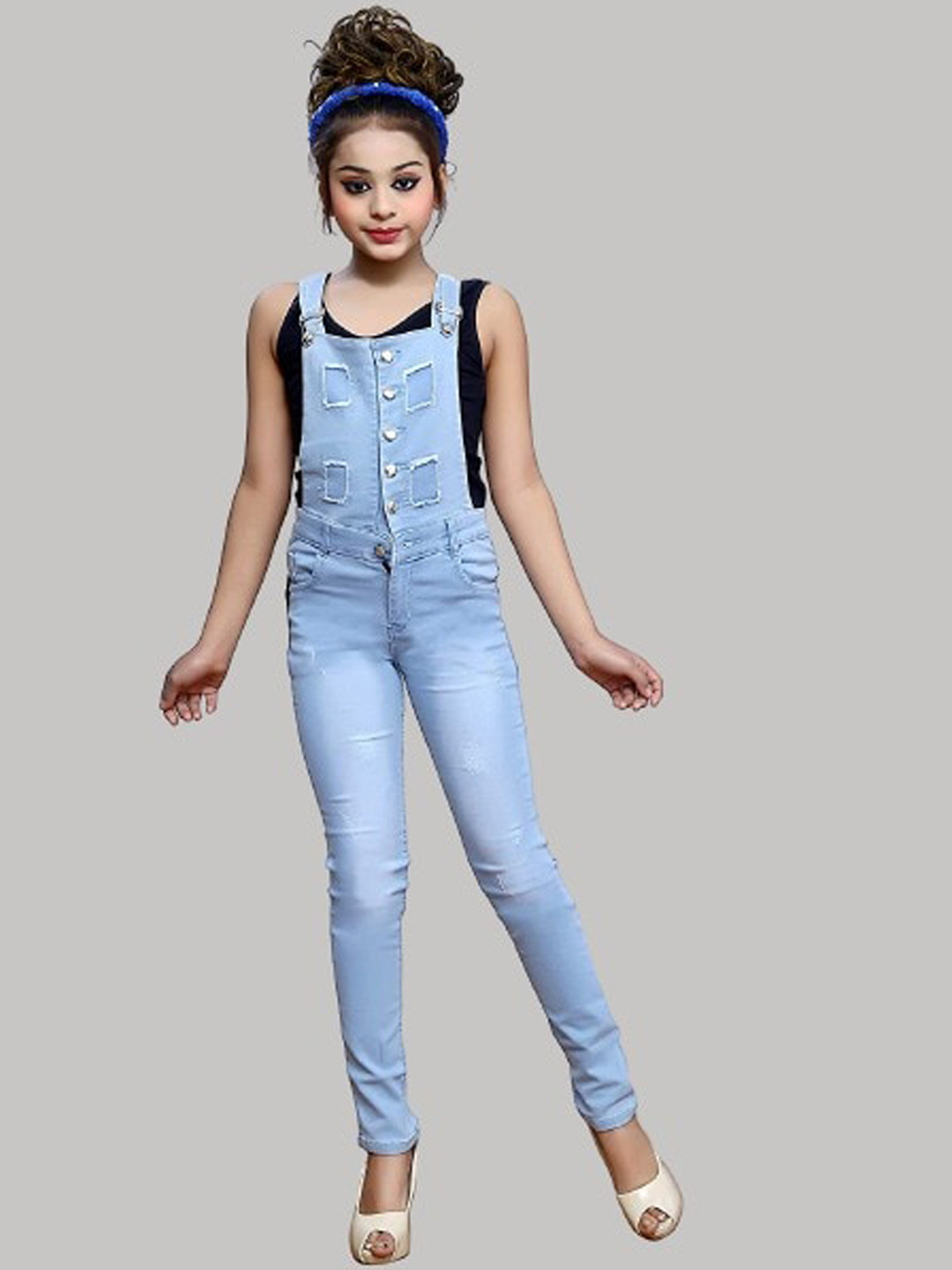 Buy Elendra Jeans Girls Blue Solid Denim Dungarees - Dungarees for ...