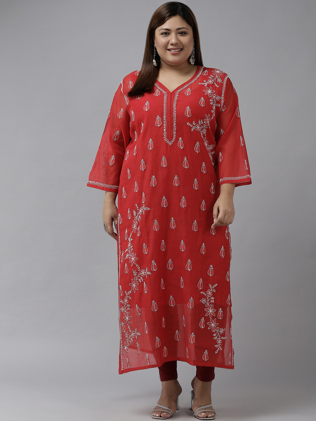 Buy ADA Women Red & White Ethnic Motifs Embroidered Kantha Work Kurta ...