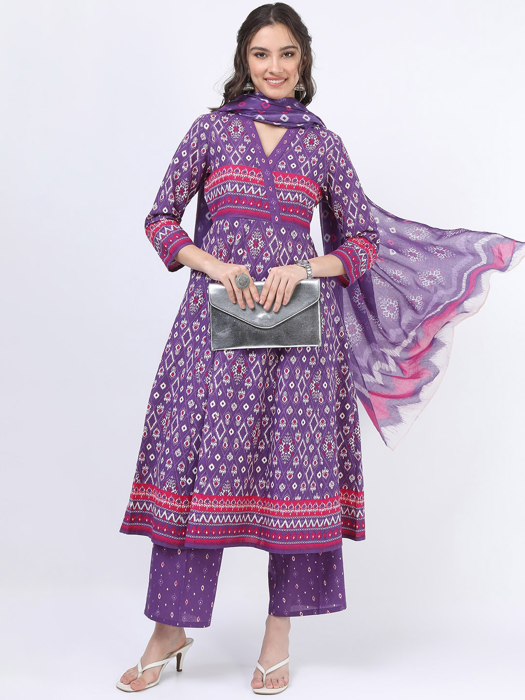 Buy Vishudh Women Purple Printed Empire Pure Cotton Anarkali Kurta With ...