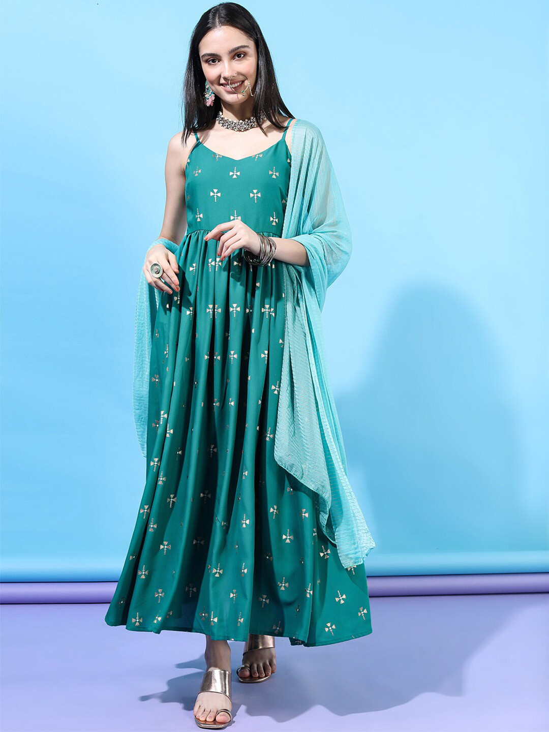 Buy Vishudh Turquoise Blue Maxi Dress With Dupatta - Ethnic Dresses for ...