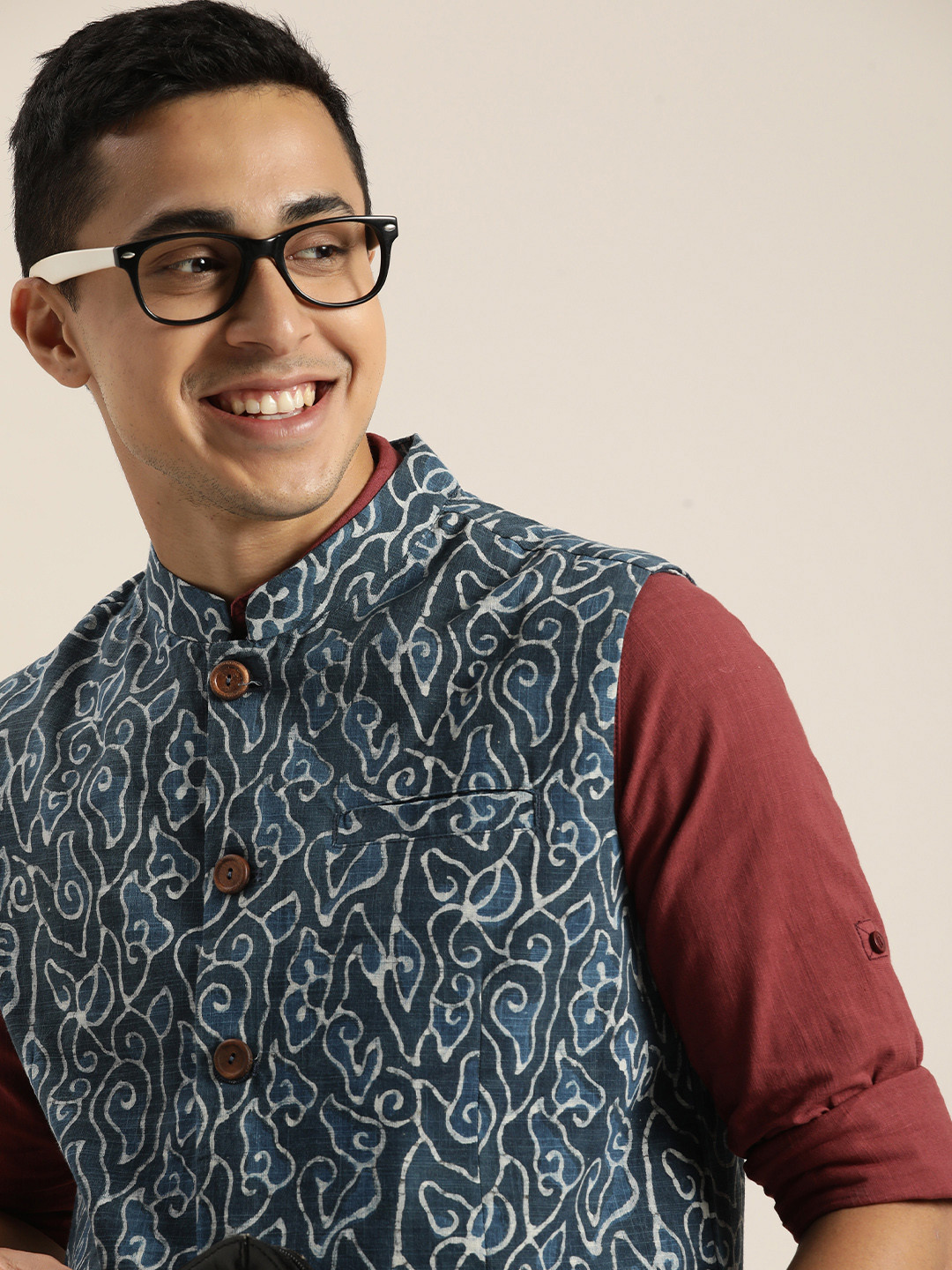 Buy Taavi Men Indigo Ethnic Motifs Printed Pure Cotton Nehru Jacket ...