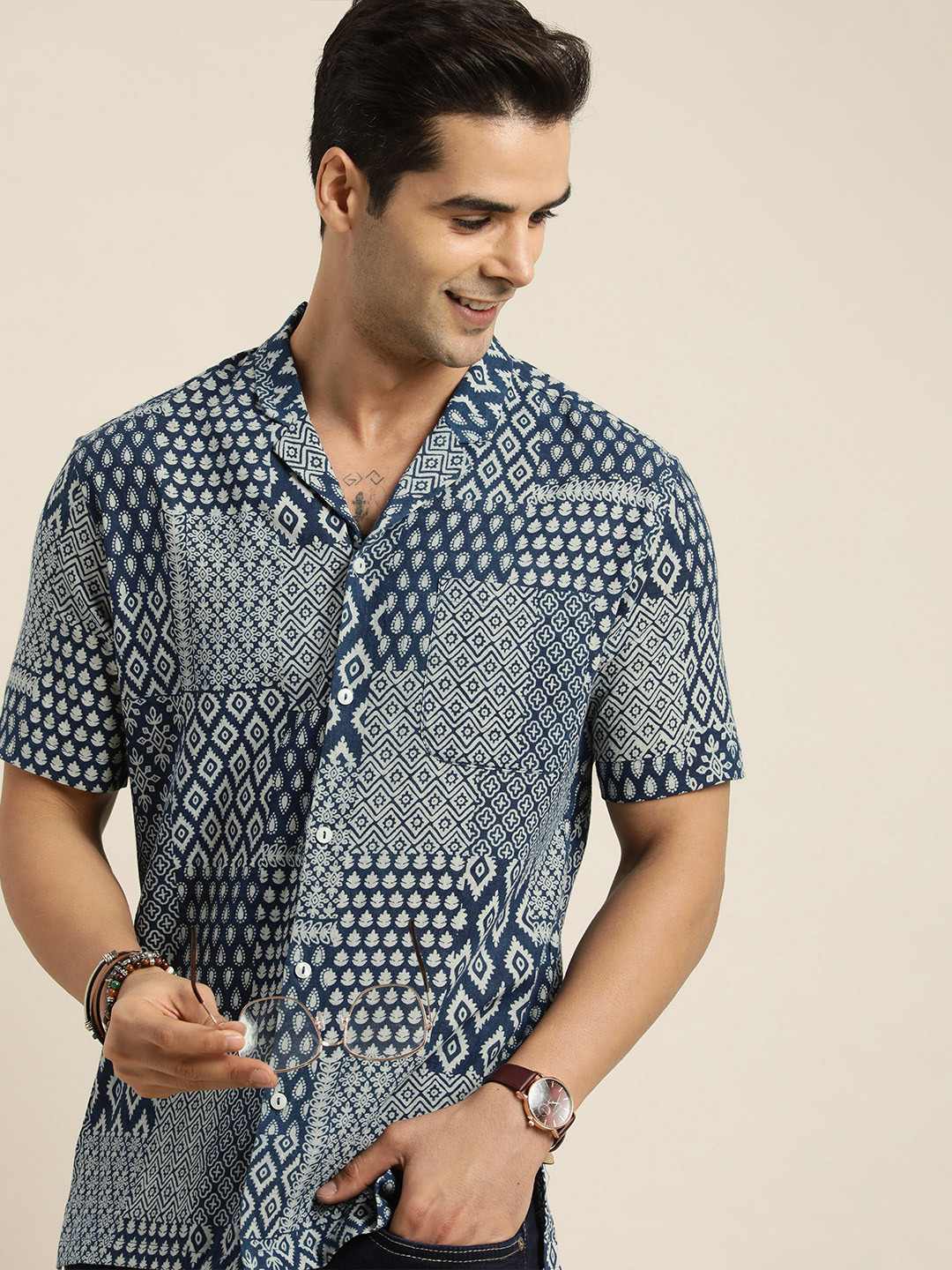 Buy Taavi Men Navy Blue & Off White Indigo Printed Pure Cotton Casual ...