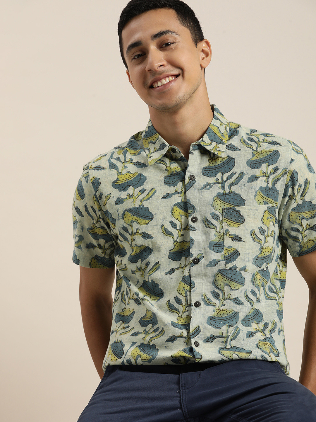 Buy Taavi Men Indigo Printed Pure Cotton Sustainable Casual Shirt With ...