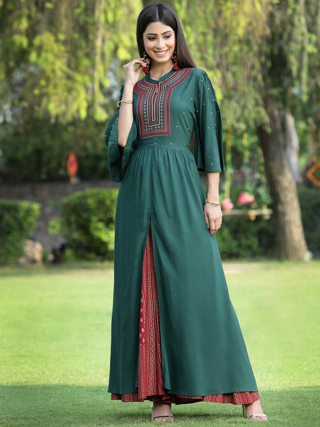 Buy Juniper Women Green Ethnic Motifs High Slit Sequinned Kurta With