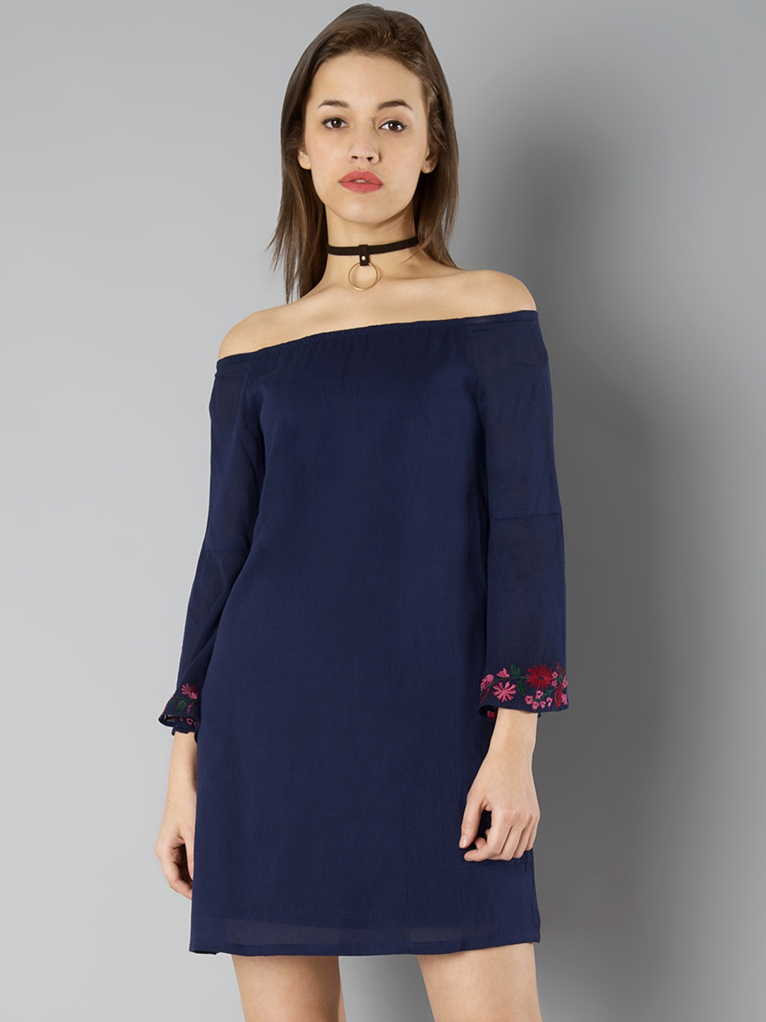 Buy Faballey Women Navy Blue Solid Bardot A Line Dress Dresses For