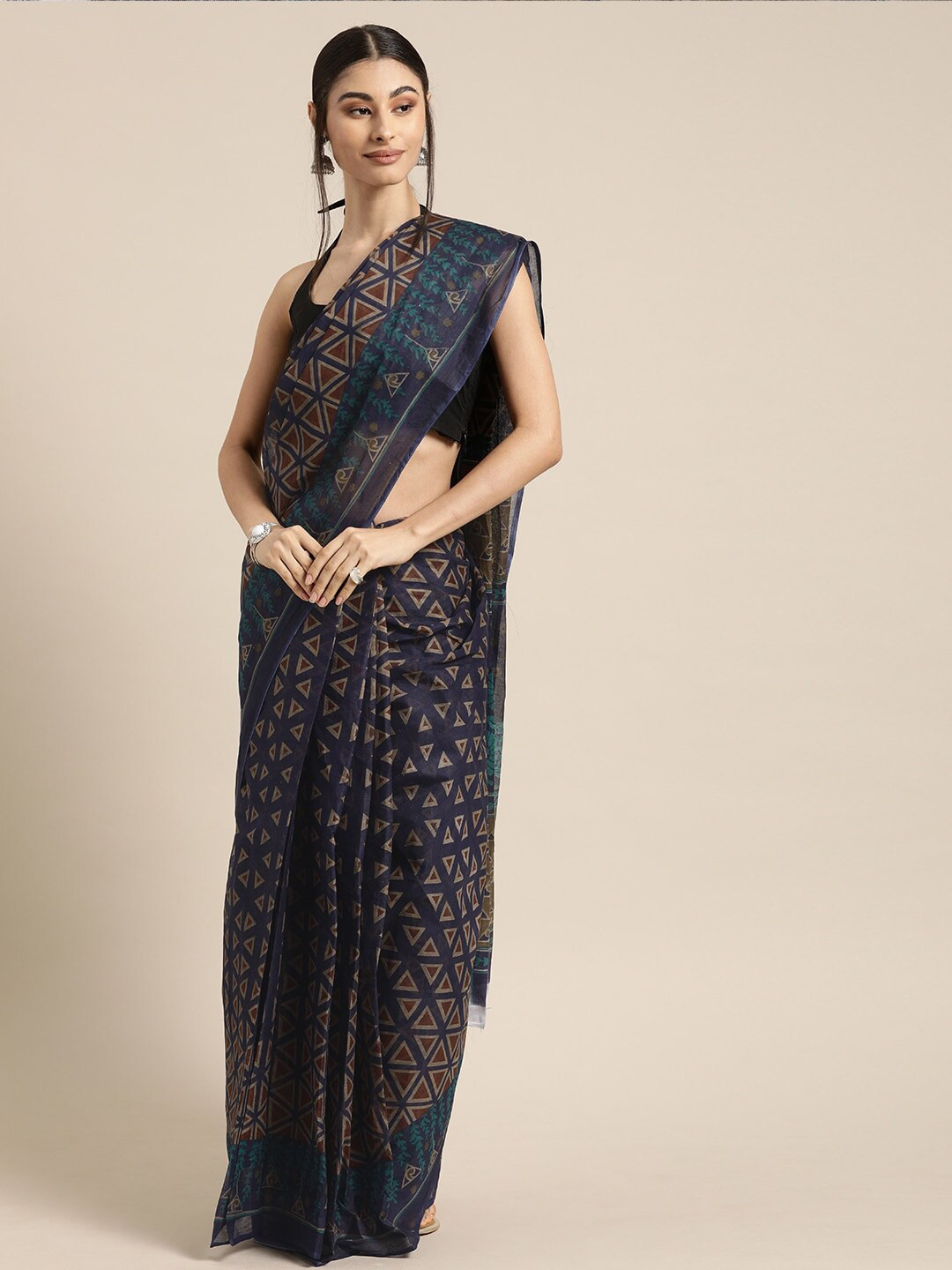Buy Mitera Navy Blue & Beige Block Printed Cotton Saree - Sarees for ...