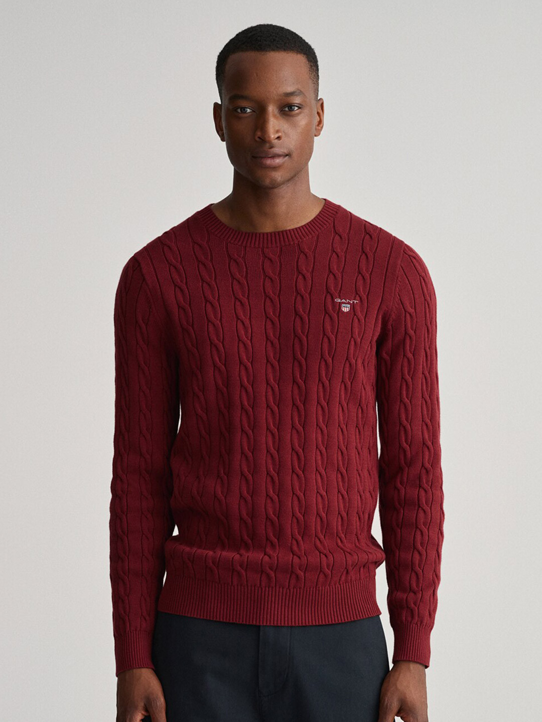 Buy GANT Men Red Solid Regular Fit Cable Knit Long Sleeves Pullover ...