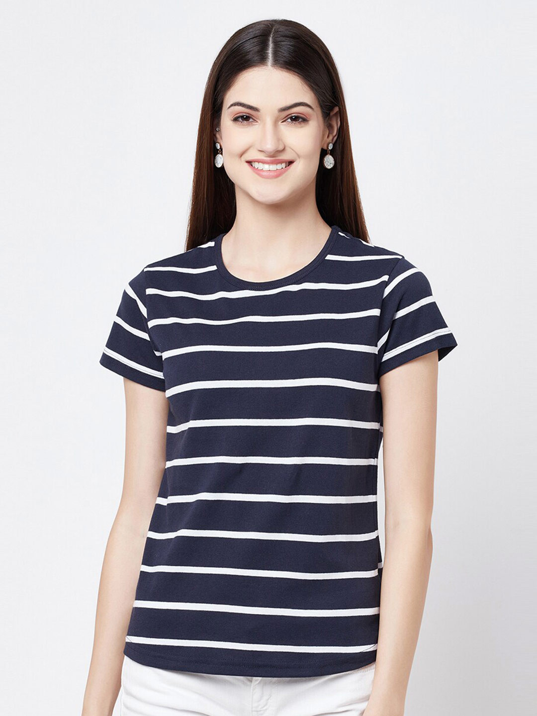 Buy ELEGANCE Women Navy Blue & White Horizontal Striped T Shirt ...
