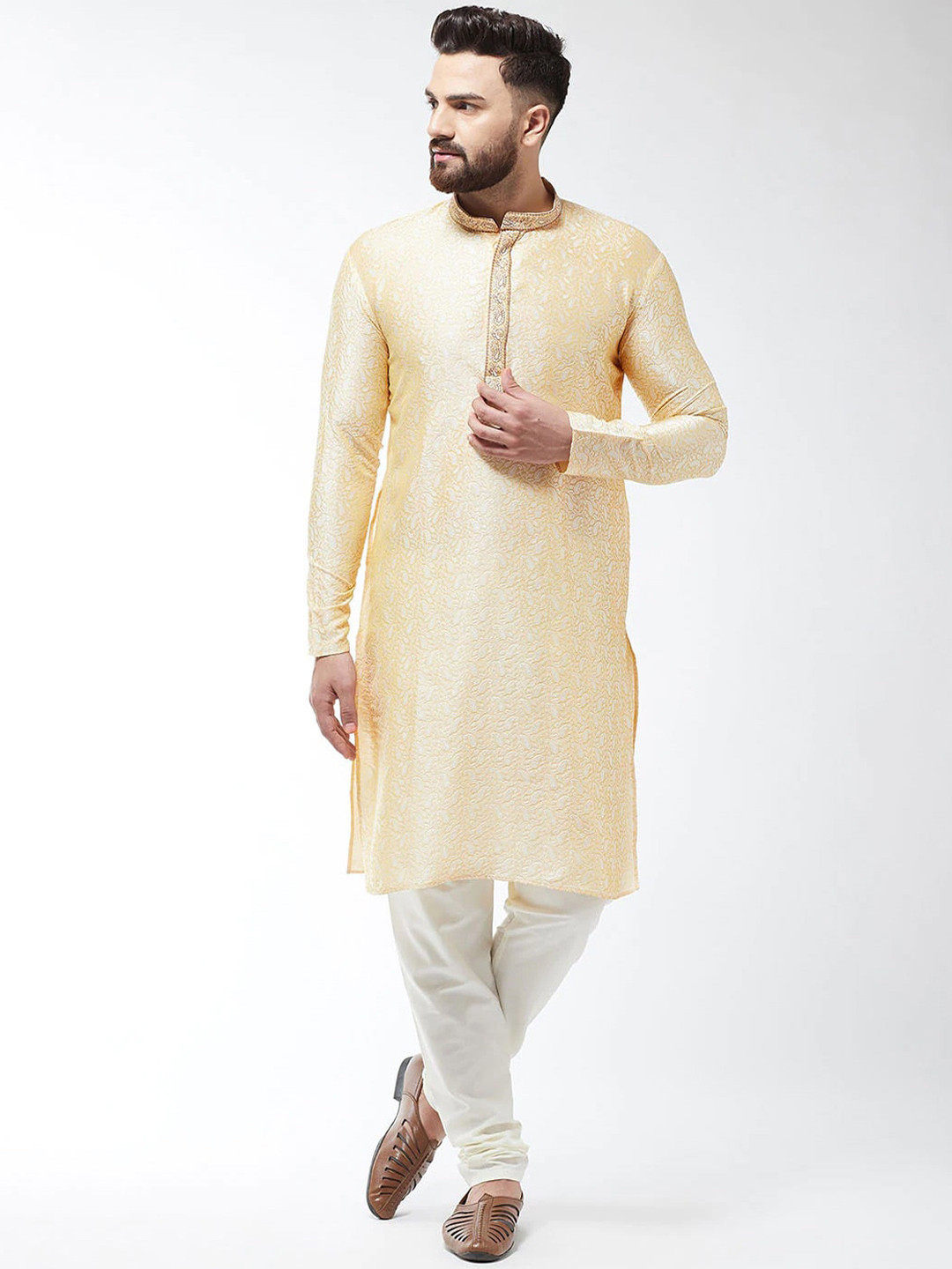 Buy ROYAL KURTA Men Gold Toned Ethnic Motifs Dupion Silk Kurta With ...