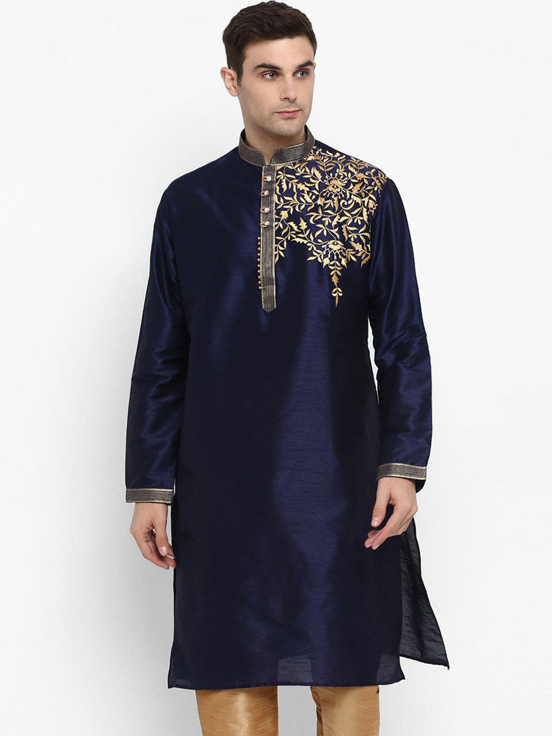 Buy ROYAL KURTA Men Navy Blue Art Silk Embroidered Kurta With Pyjamas ...