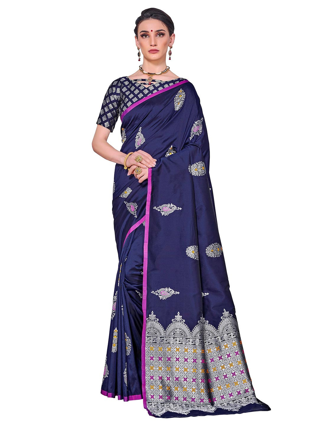 Buy SARIYA Navy Blue & Pink Floral Zari Silk Blend Banarasi Saree With ...