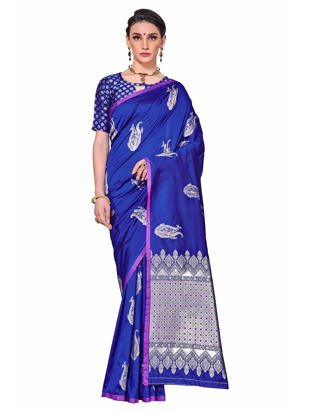 Buy SARIYA Blue & Silver Toned Floral Zari Silk Blend Banarasi Saree ...
