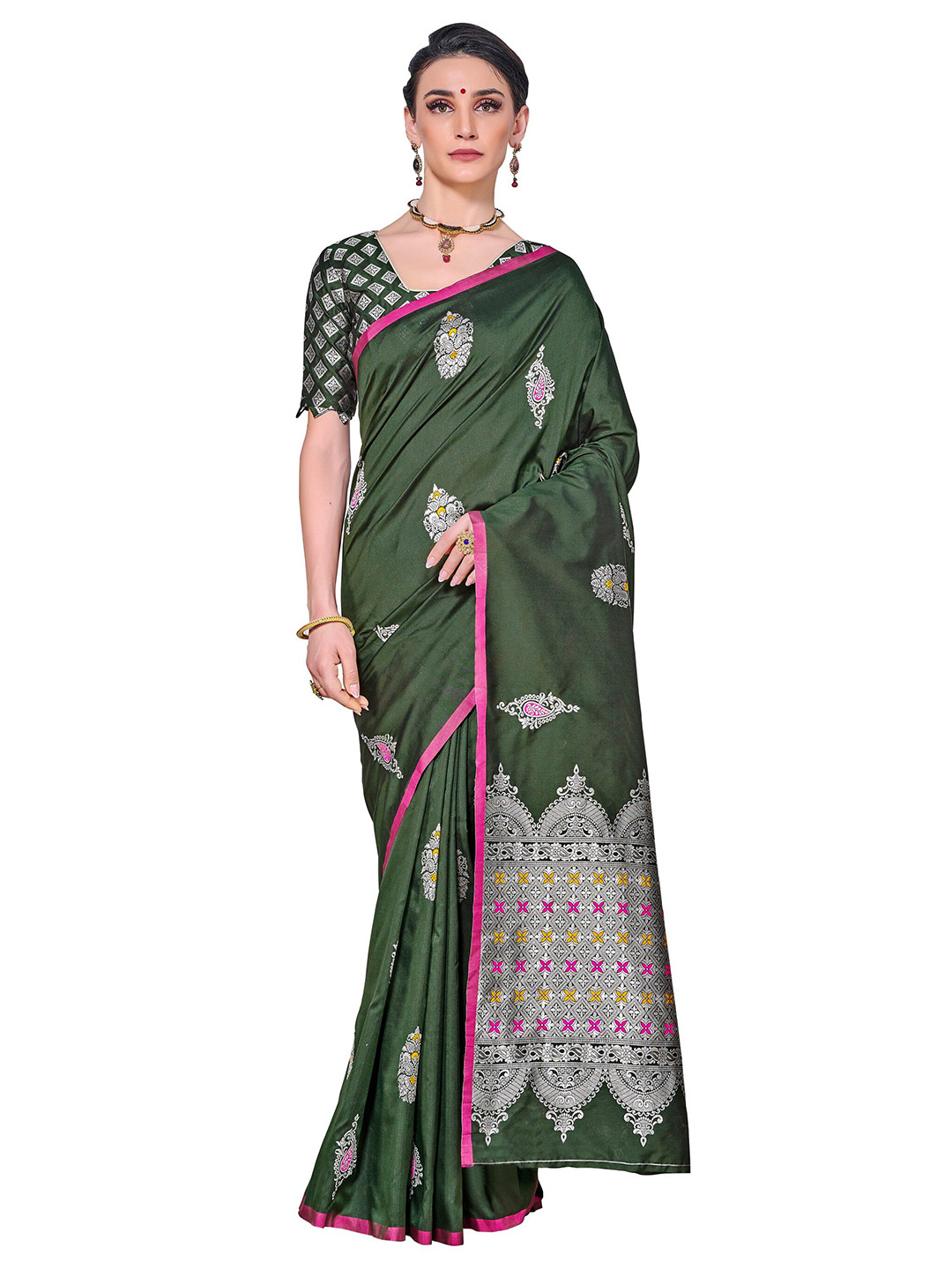 Buy SARIYA Green & Silver Toned Floral Zari Silk Blend Banarasi Saree ...