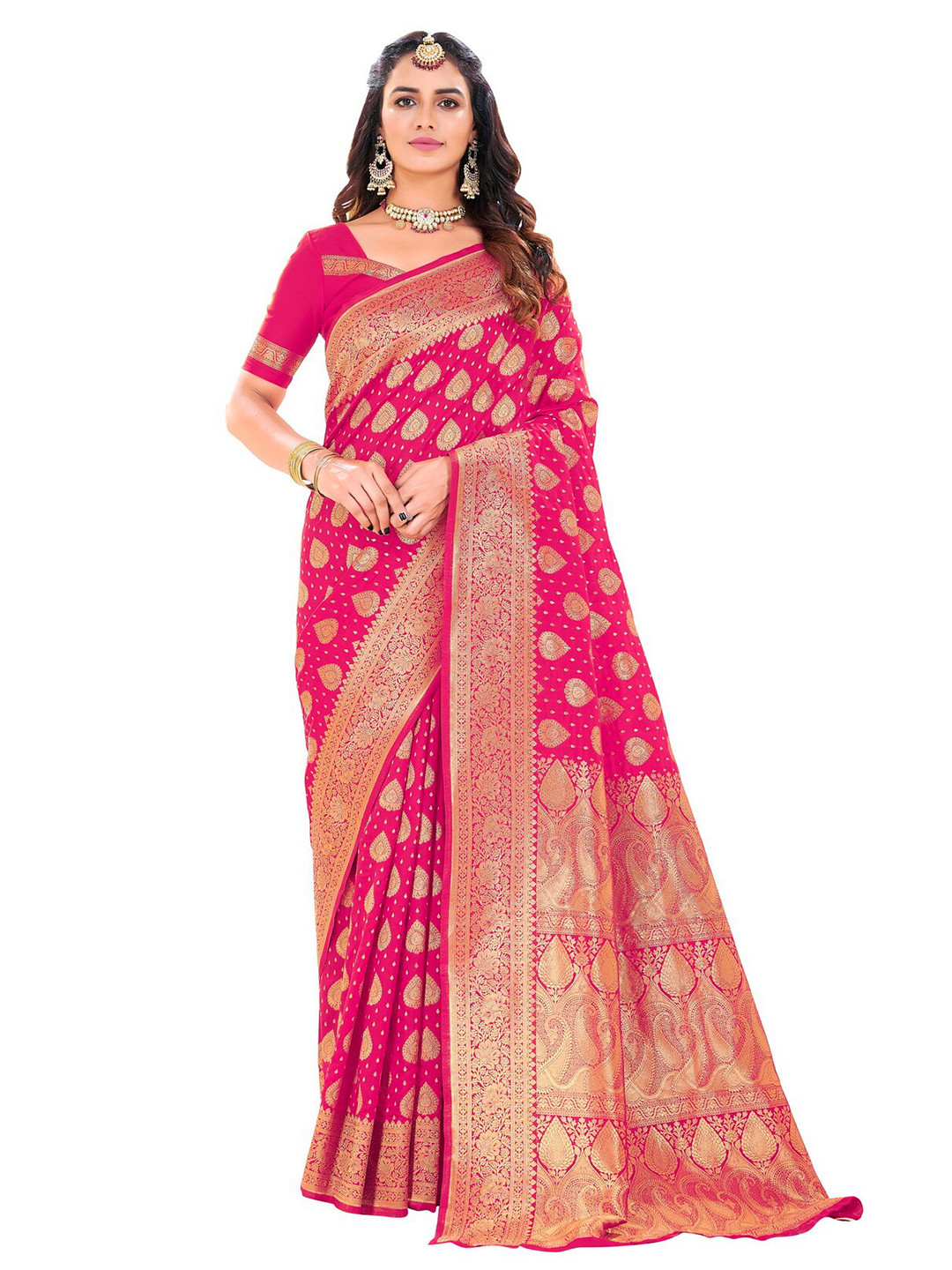 Buy SARIYA Pink & Gold Toned Floral Zari Silk Blend Banarasi Saree ...