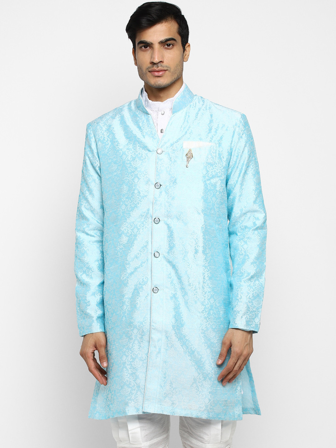 Buy ROYAL KURTA Men Blue Ethnic Motifs Jacquard Kurta - Kurtas for Men ...