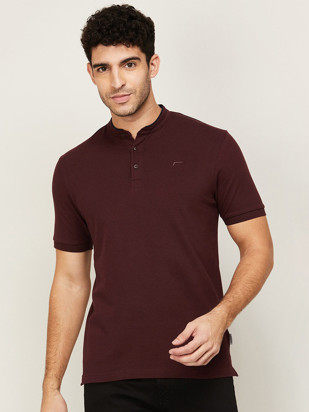 Buy Fame Forever By Lifestyle Men Maroon Mandarin Collar T Shirt ...