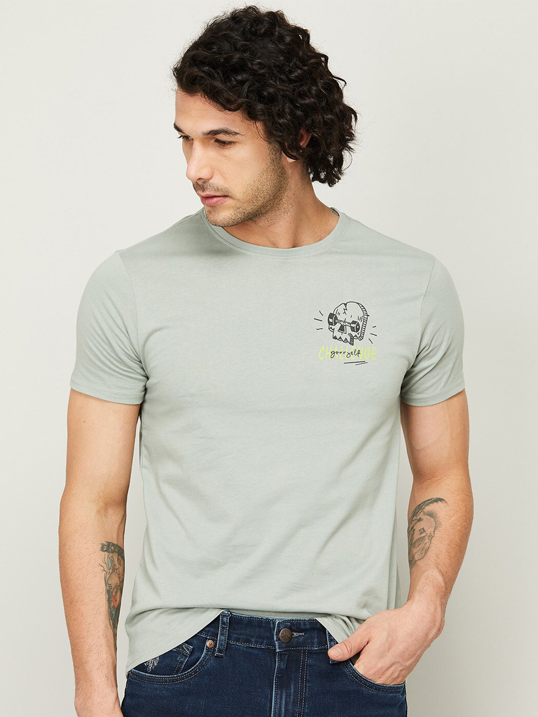 Buy Forca By Lifestyle Men Grey Solid Pure Cotton Round Neck T Shirt ...