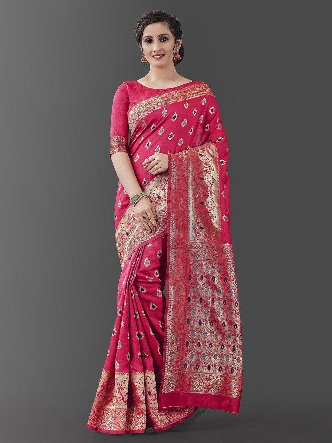 Buy Jinax Pink & Grey Woven Design Pure Silk Banarasi Saree - Sarees ...