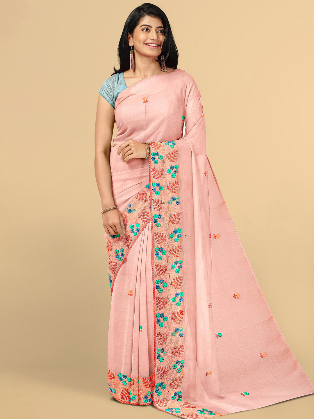 Buy Kalamandir Women Peach & Blue Floral Embroidered Silk Blend Saree ...