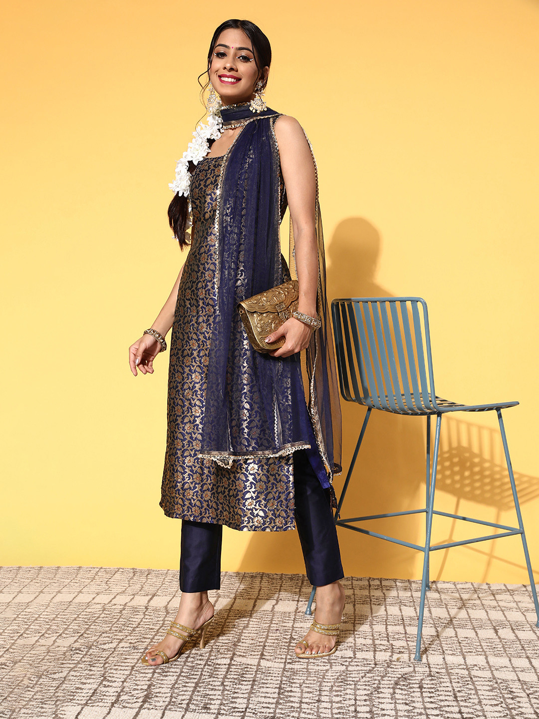 Buy Inddus Women Navy Blue Floral Kurta With Trousers & With Dupatta ...