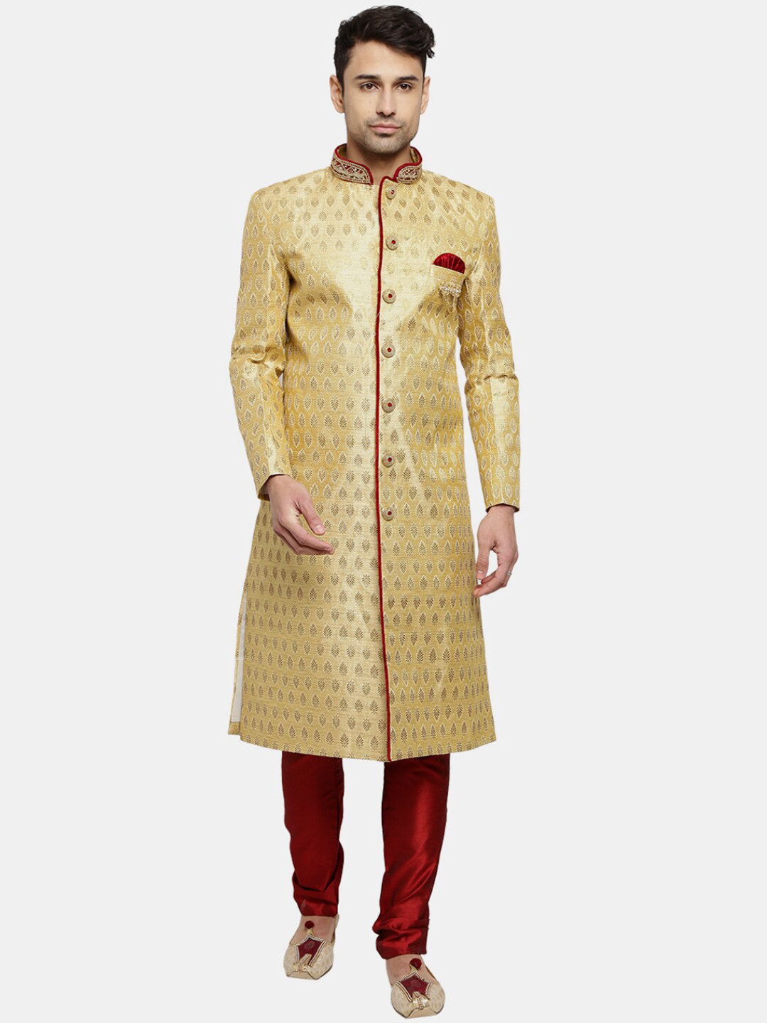 Buy V Mart Men Gold Toned & Maroon Self Design Jacquard Sherwani Set ...
