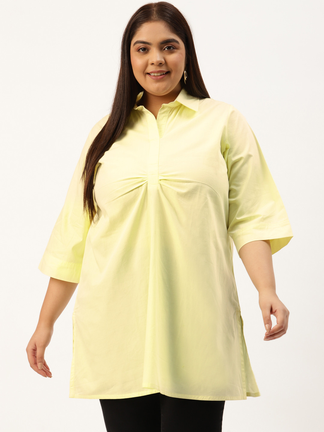 Buy TheRebelinme Plus Size Lime Green Solid Shirt Collar Cotton Tunic ...