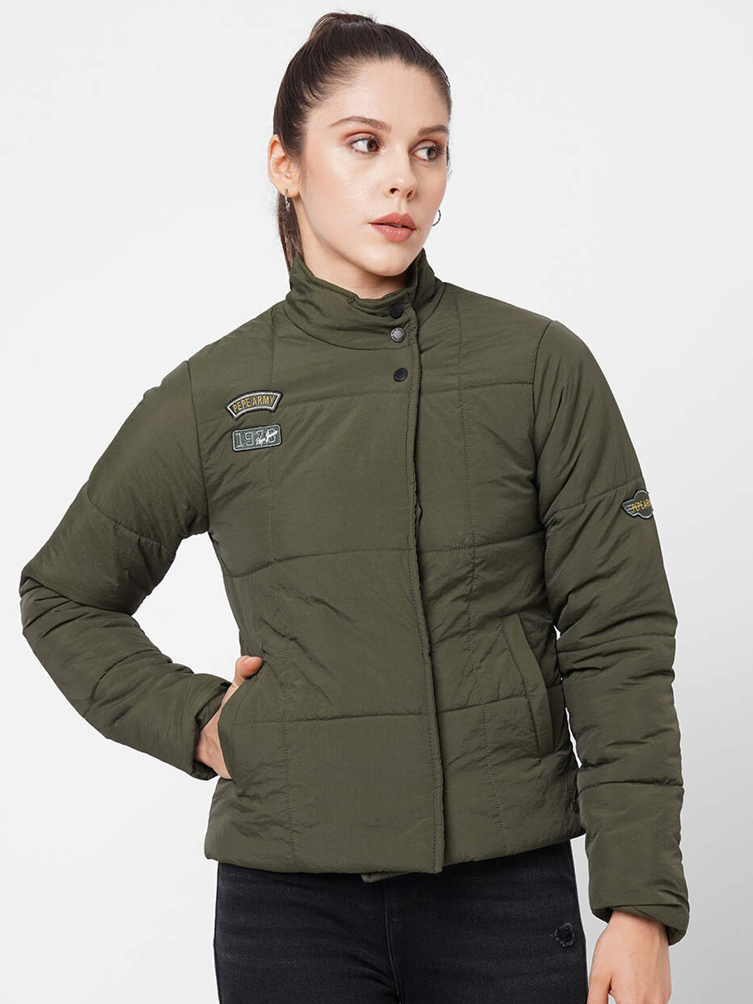 Buy Pepe Jeans Women Green Padded Jacket With Patchwork - Jackets for ...
