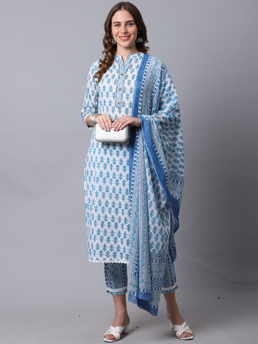 Buy Rajnandini Women Blue Ethnic Motifs Printed Pure Cotton Kurta With