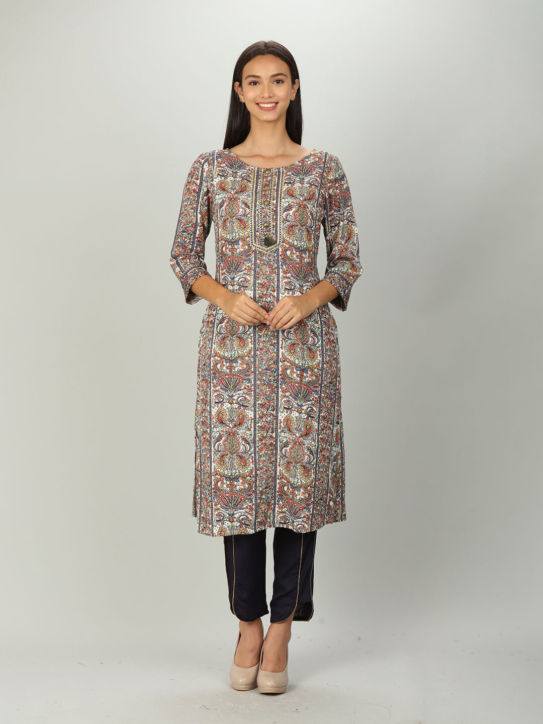 Buy Mustard Women Multicolour Ethnic Motifs Printed Kurta - Kurtas for ...